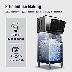 ICEVIVAL Commercial Ice Maker Machine, 550lbs/Day, SECOP Compressor&ETL, Auto-Cleaning Stainless Steel Commercial Ice Machine, 300lbs Storage, Ice Ready in 8 to 15mins, Air Cooled, Restaurant/Business