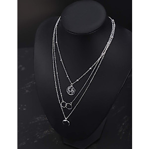 fxmimior 2 Tier Boho Dainty Layered Necklace Moon Necklaces Map Pendant Silver Gold Jewelry Stackable Choker Necklaces for Women and Girls (Silver)