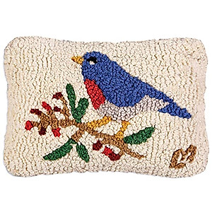 Chandler 4 Corners Artist-Designed Bluebird and Berries Hand-Hooked Wool Decorative Throw Pillow (8” x 12”) Wildlife Pillow for Couches & Beds-Easy Care, Low Maintenance Nature & Bird Pillow