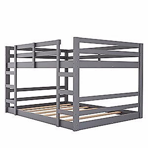 Bunk Beds Full Over Full Low Bunk Bed Frame Wood Floor Bunkbed for Kids Toddlers Boys Girls Teens’ Bedroom Dorm, Gray