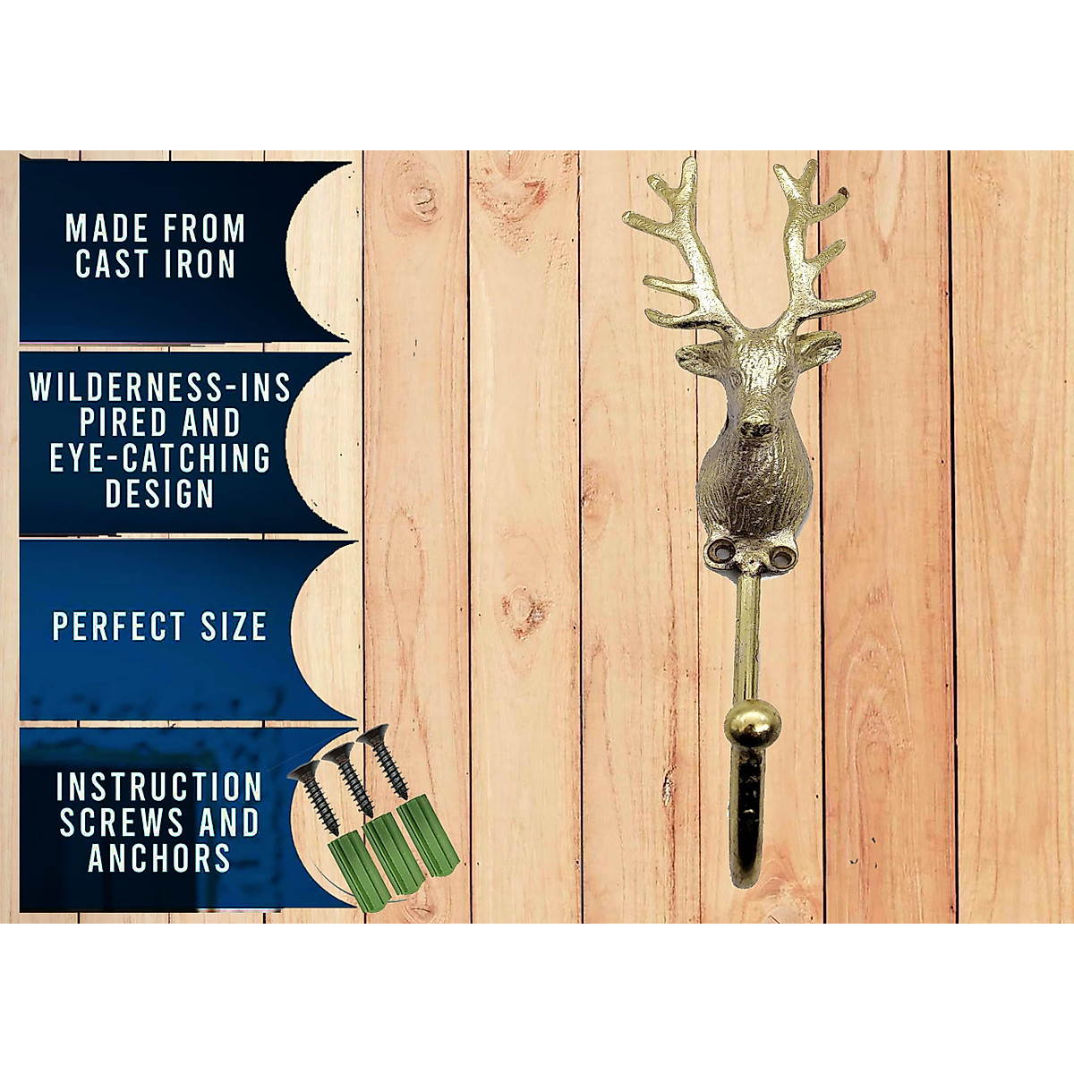 5MOONSUN5 Vintage Deer Head Coat Hook, Heavy Duty Antique Brass, Wall Mounted Animal Collection Deer Single Coat Hook Clothes Rack Wall Hanger, Polish Finish