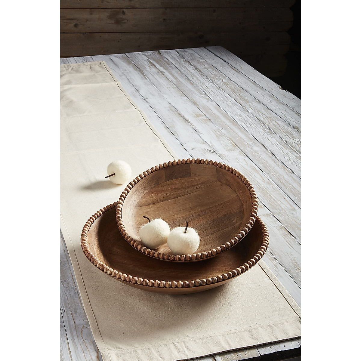 Mud Pie Wooden Beaded Bowl Set, Brown, small 3" x 14" dia | large 3 1/2" x 18" dia
