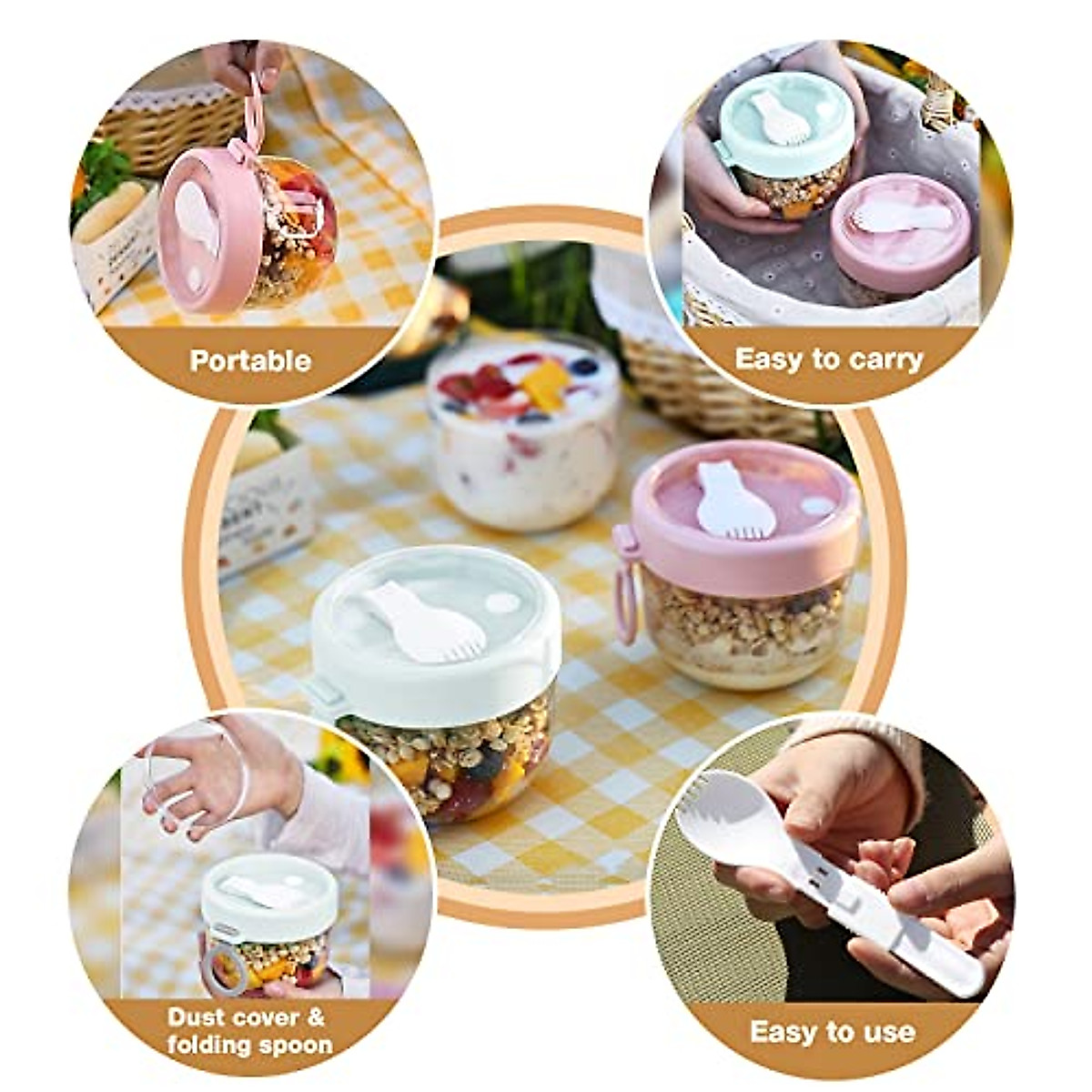 Overnight Oat Containers with Lids and Spoons 2PCS, 20oz Portable Plastic Yogurt Jars, Leak-proof Large Capacity Dessert Cups for Yogurt Breakfast On The Go Cups, Oatmeal Jars Snack Containers