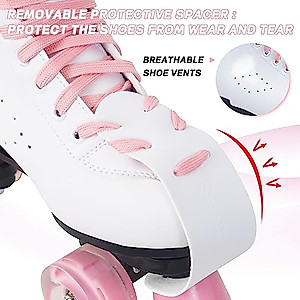 Roller Skates for Women with PU Leather High-top Double Row Rollerskates, Unisex-Adult Indoor Outdoor White & Pink Derby Skate Size 8 with Wear-Resistant Rubber Fast Braking for Beginner