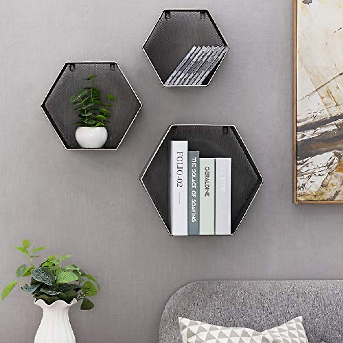 MyGift Wall Mounted Geometric Hexagon Hanging Shelf Design Rustic Galvanized Silver Metal Floating Shelves with Mesh Backing, Set of 3