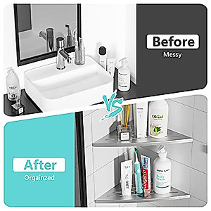 Qeke Corner Shower Shelf Brushed Nickel, 304 Stainless Steel 11.5” Recessed Corner Shelf Bathroom for Tiled Wall, Floating Shower Shelves Shampoo Holder, No Drilling, 2 Pack