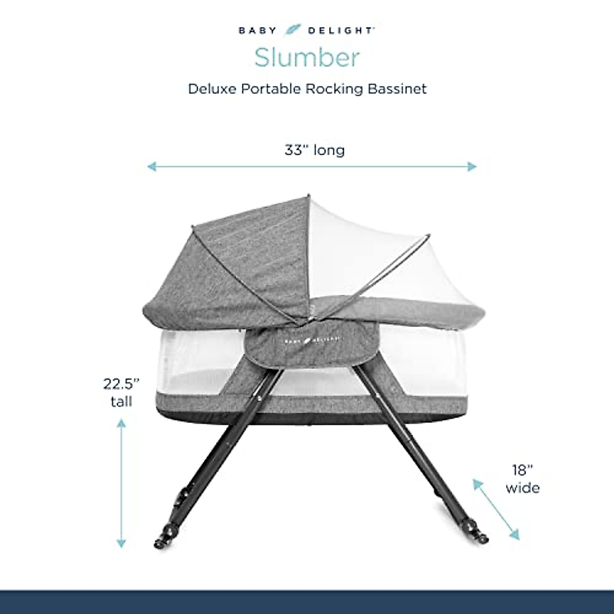 Baby Delight Slumber Deluxe Rocking Bassinet, Portable Baby Bassinet, Removable Canopy, Charcoal Tweed