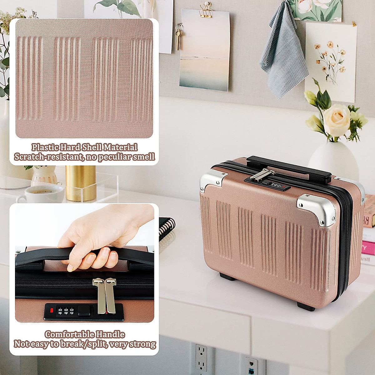 Lzttyee Small Hard Shell Cosmetic Case Travel Hand Luggage Portable Carrying Makeup Case Suitcase (Rose gold)