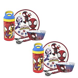 zak! Marvel Spidey and His Amazing Friends - 5-Piece Dinnerware Set - Pack of 2 - Includes Two Each: Water Bottle, 8-Inch Plate, 6-Inch Bowl, Fork & Spoon - Suitable for Kids Ages 3+