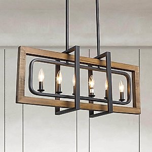 LOG BARN Farmhouse Chandelier, Pendant Lighting for Kitchen Island in Distressed Wood and Black Metal Finish, Ceiling Hanging Fixture for Dining Room
