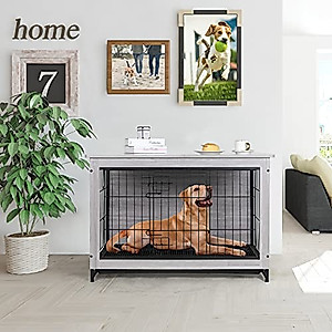 Arlopu 44.1/38.6/29.1 Large Dog Crate Furniture, Side End Table, Mordern Kennel, Wooden Heavy-Duty Dog Cage, Dog House, Indoor End Table, Night Stand,w/Removable Tray, Double-Door, 3mm(Dia) Wire