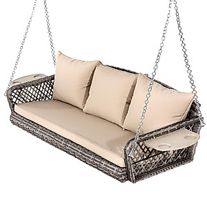 TITIMO 3-Seats Wicker Porch Swing Hanging Bench Chair Outdoor Gray Rattan Patio Swing Lounge with Cushions for Garden, Balcony, Deck