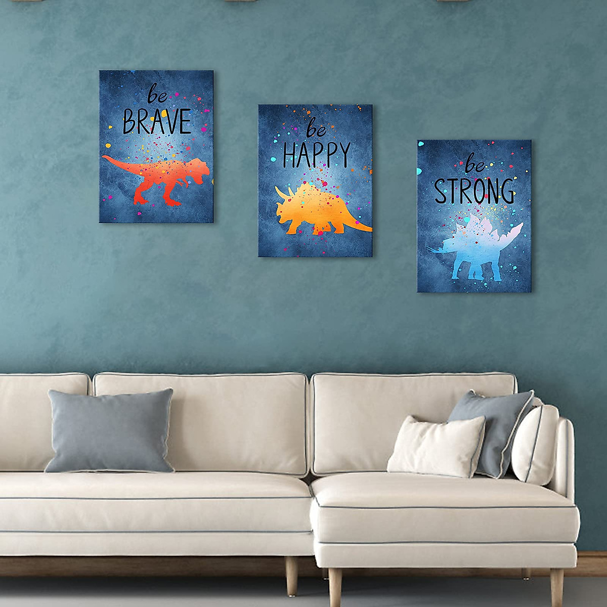 Apicoture Dinosaur Wall Art - Navy Blue Orange Funny Jurassic Dinosaur World Paintings Canvas Wall Art Brave Happy Cartoon Quotes Pictures For Kids Room Wall Framed, 12"X16"X3 Panels