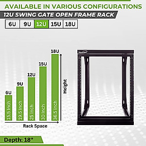 NavePoint 12U Server Rack with Swing Gate - 12U Wall Mount Rack for 19 Inch IT Equipment Open Frame Rack – Network Rack Wall Mount for AV & Server Equipment 18” Deep 12U Rack, Black