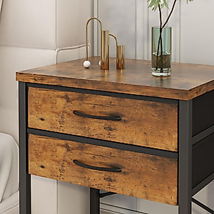 TigerDad Tall Nightstand with 2 Fabric Drawers, End Table with Storage Shelves, Bedside Table for Bedroom, Living Room, Small Space, Set of 2, Rustic Brown