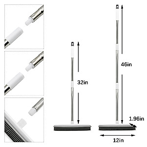 Rubber Broom Carpet Rake for Pet Hair Removal, 3 in 1 Floor Brush for Carpet, Soft Push Broom with 47" Long Handle, Pet Hair Broom with Squeegee for Carpet, Fluff, Hardwood Floor, Tile (White)