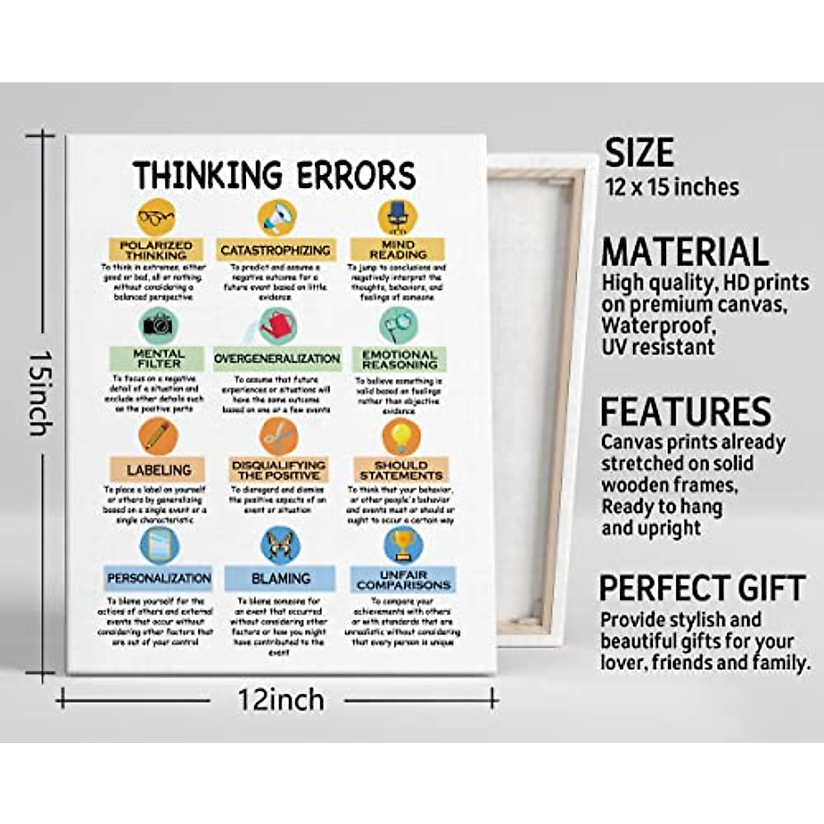 Thinking Errors Canvas Wall Art Decor, Cognitive Distortions Decor, School Psychologist Canvas Prints Poster Counselor Office Decor, Therapy Anxiety, Psychologist CBT Mental Health Strategies 12x15