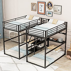 Double Twin Over Twin Bunk Bed with Desk and Shelves, Metal 4-in-1 Bunk Bed Frame with Storage Staircase and Safety Guardrail for Kids Teens Adult Bedroom, Maximize Space Savings (Black + Metal-2)