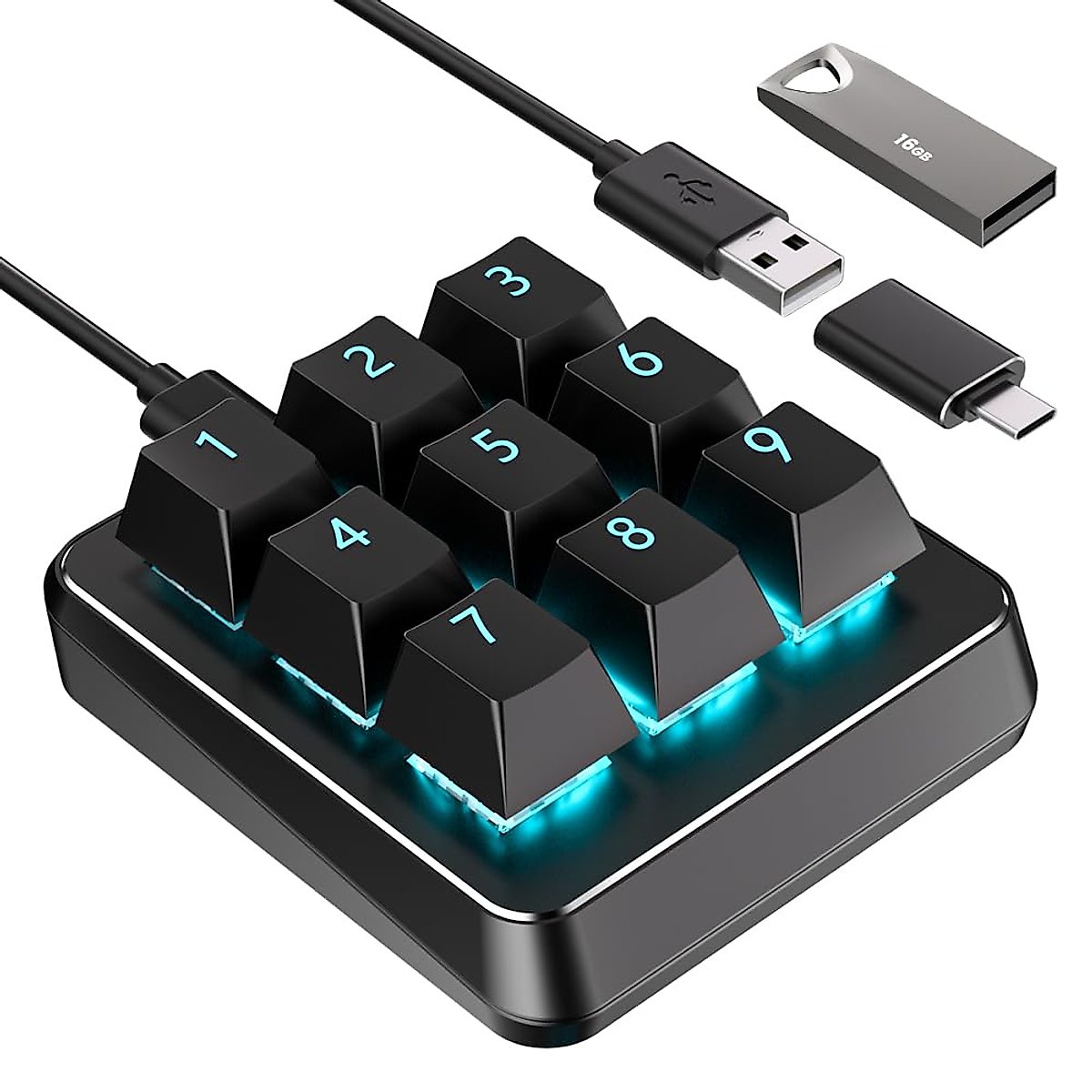 AIRUSAN One-Handed Mechanical Keyboard, RGB LED Backlit Macro Keyboard, 9 Fully Programmable Keys Support One-Click Start,Hotkeys,NKRO,Fully Programmable Keys for Work & Daily Study