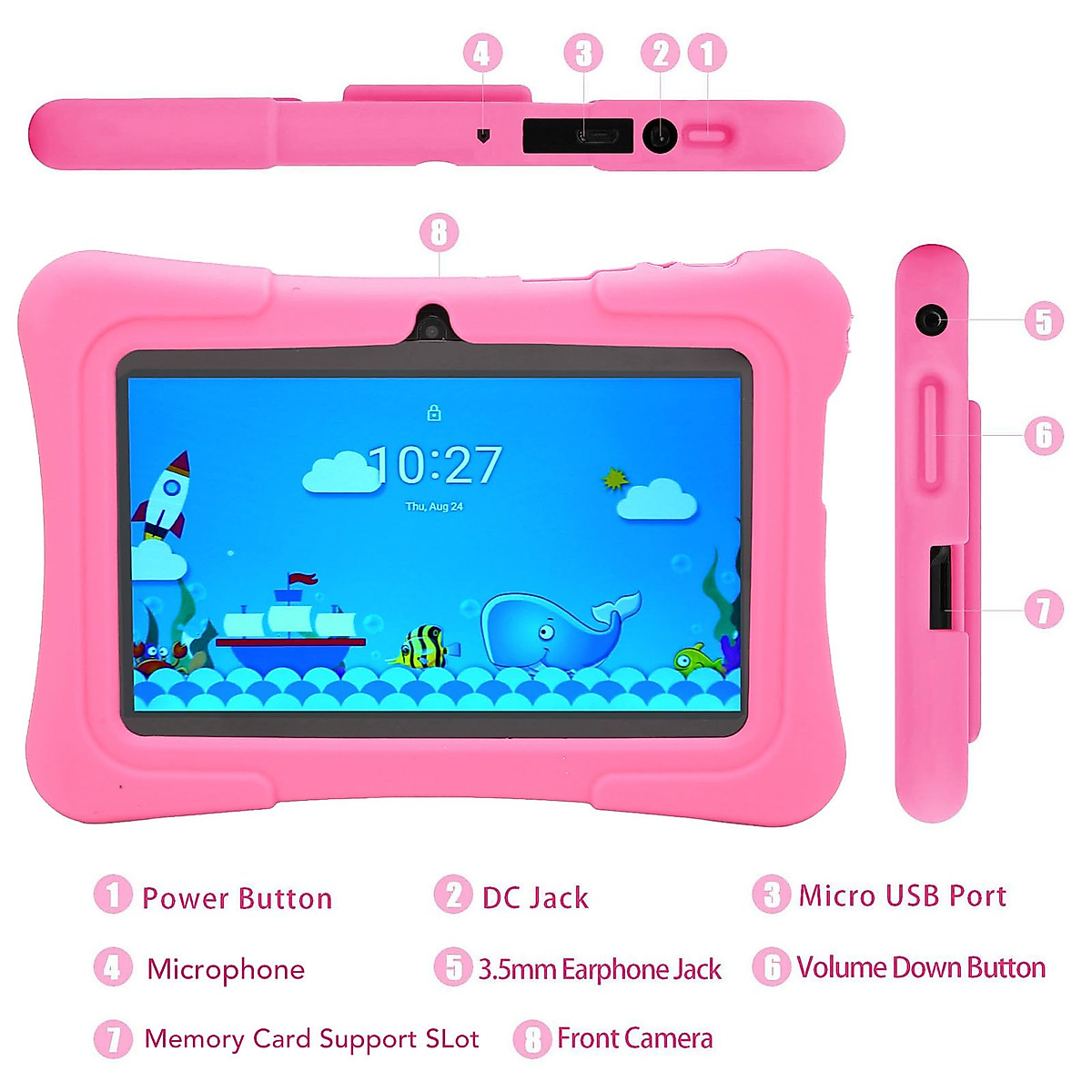 DAUERHAFT Cute Kids Tablet, 7 Inch Children Tablet Quad Core Dual Camera 3000mAh Battery for Boys (US Plug)