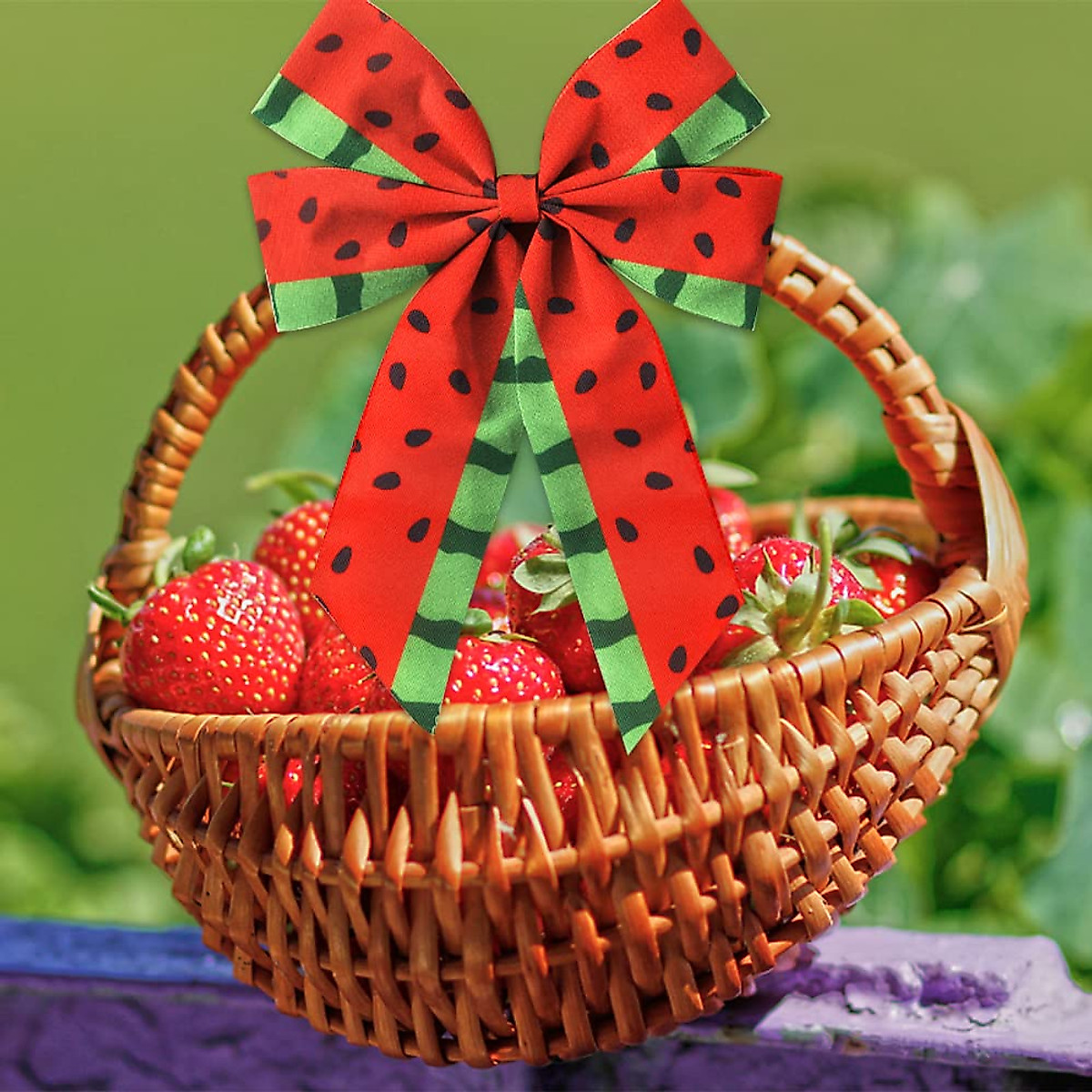 Hying 2 Rolls Summer Watermelon Ribbons Wired for Wreath Bows Wrapping Gifts, Fruit Watermelon Green Plaid Ribbon for Gift Wrapping Birthday Party Decoration Crafts 2.5" X 10 Yards Wired Edge Ribbon