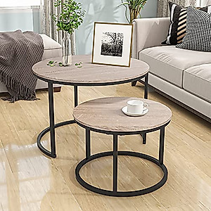 HOJINLINERO Industrial Round Coffee Table Set of 2 End Table for Living Room,Stacking Side Tables, Sturdy and Easy Assembly,Wood Look Accent Furniture with Metal Frame,Black+Teak Oak…