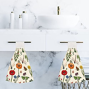 Hotbar Kitchen Towels with Hanging Loop Closure, 18.9"x12.6" Absorbent Soft Hanging Kitchen Towels, Thick Dish Cloth Decorative Hand Towels for Bathroom Kitchen(Flower1,2 Pcs)