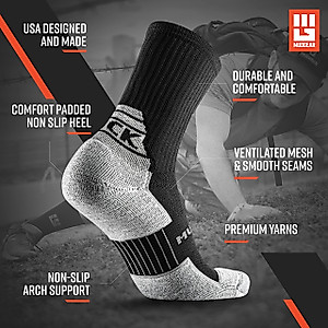 MudGear Ruck Crew Socks - Merino-Wool Hiking Sock for Women and Men for Sport, Gym, Running, Basketball, Football, Military, Work etc. - Boot Height Armour Cushioned Athletic Socks (Black/Gray, Large)