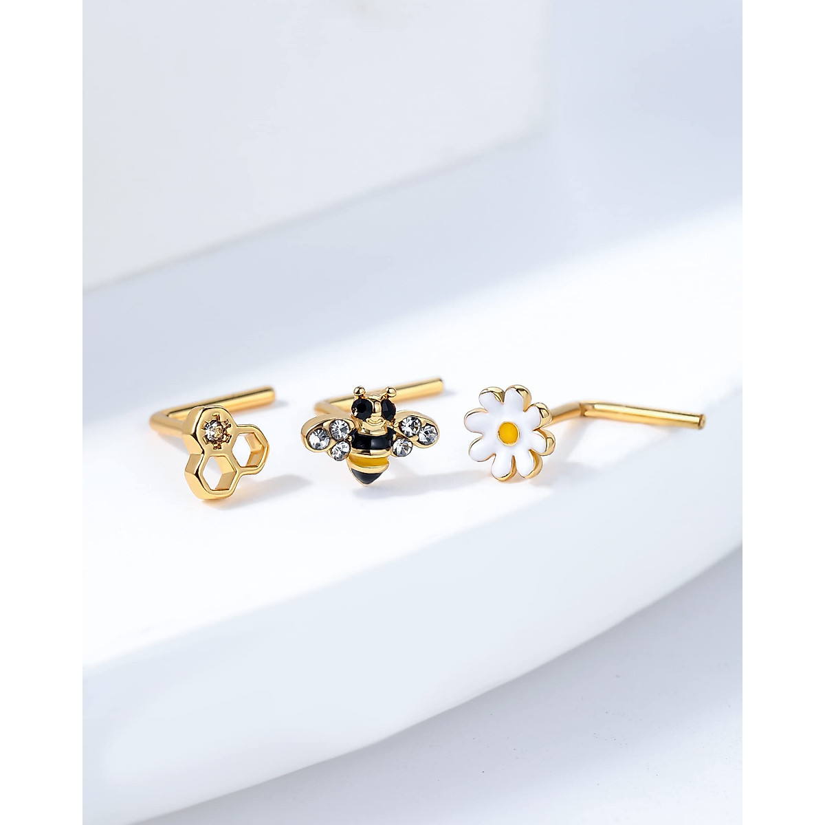 Jewseen 3PCS Nose Rings 20G Gold Nose Stud Surgical Steel Nose Piercing Jewelry Bee Nostril Piercing Jewelry L-Shaped Nose Piercings for Women Men