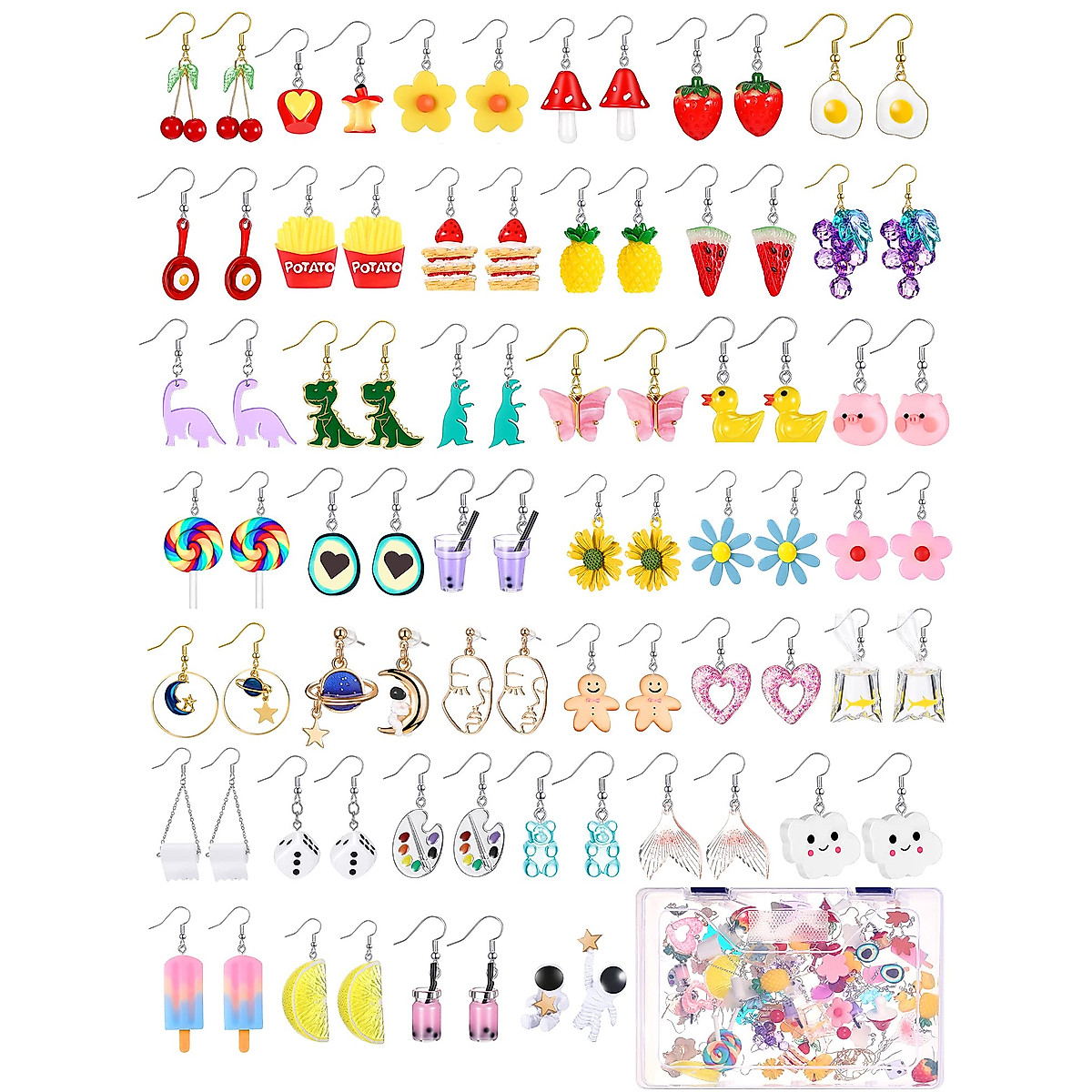 40 Pairs Cute Weird Earrings Funny Earrings Milk Tea Strawberry Mushroom Cloud Flowers Dinosaur Egg Dangle Earrings for Women Girls