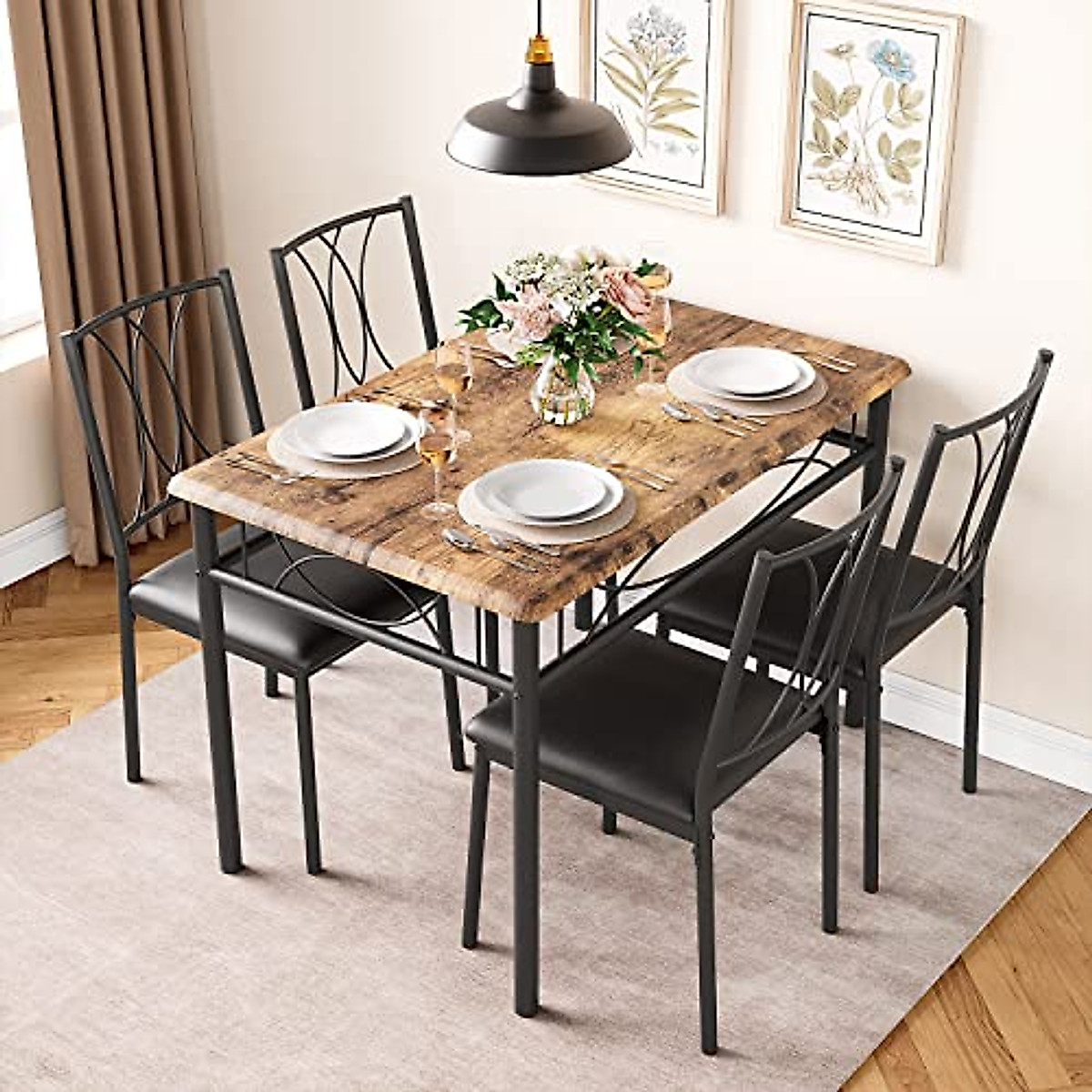 IDEALHOUSE Dining Table Set for 4, Kitchen Table and Chairs, Rectangular Kitchen Table Set with 4 Upholstered Chairs, 5 Piece Dining Room Table Set for Small Space, Apartment, Rustic