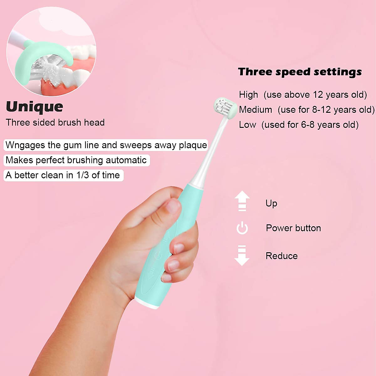 AICase Triple Best Kids Sonic Toothbrush,Rechargeable 32000 VPM Tooth Brush,Patented 3 Brush Head Design,Angled Bristles Clean Each Tooth,for Kids 3+ (Blue)