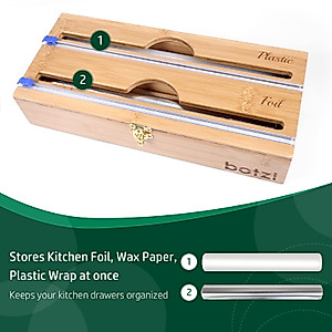 2 in 1 Food Wrap Organizer with Cutter, Bamboo Wrap Dispenser for Aluminum Foil, Wax Paper, Plastic Wrap, Wall Mounted or Kitchen Drawer Organization and Storage Holder,Max for 12" Roll