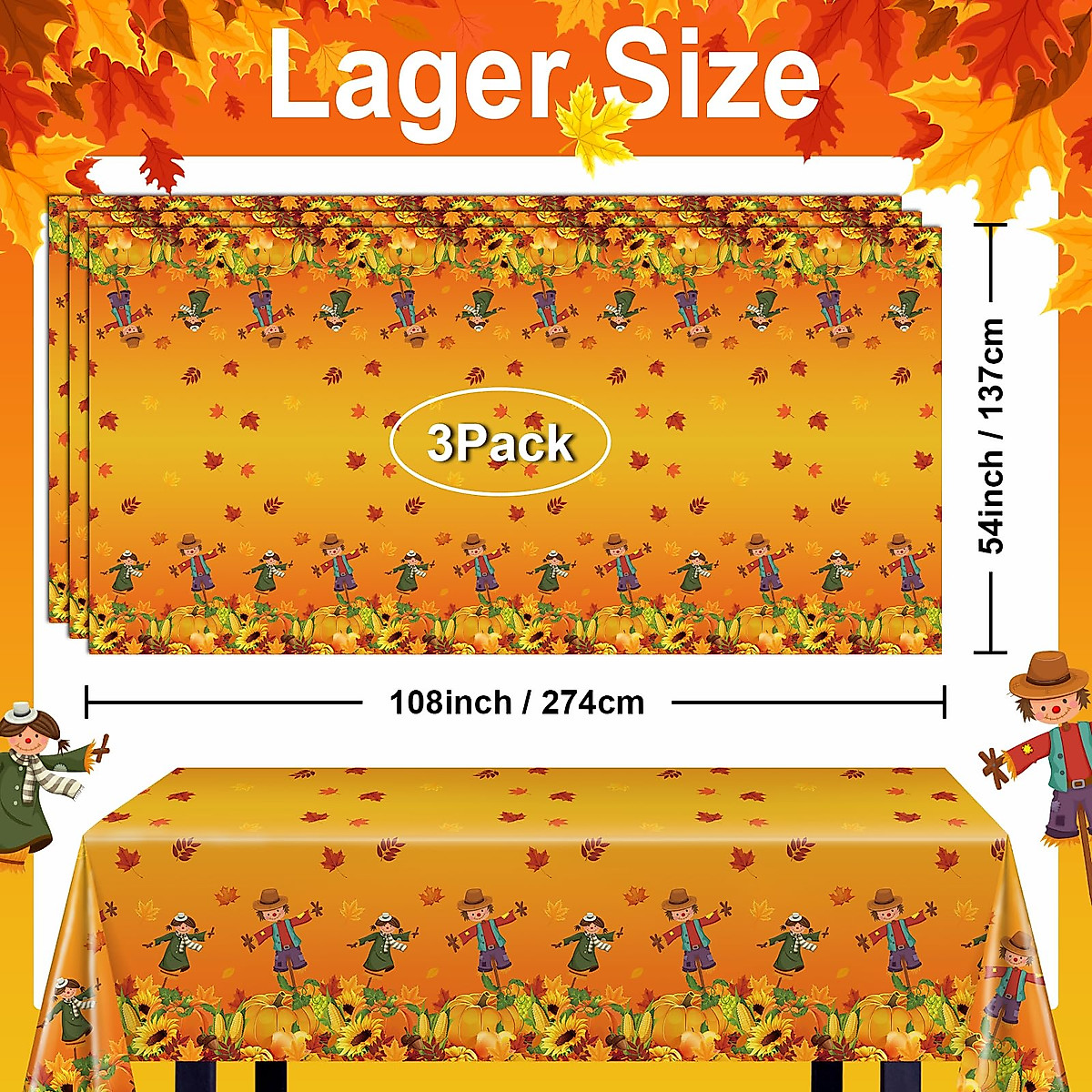 Avezano 3 pcs Fall Tablecloth Autumn Tablecloth Disposable Thanksgiving Plastic Tablecloths Scarecrow Pumpkin Maple Leaf Fall Tablecloths for Rectangle Tables, 108x54 Inch