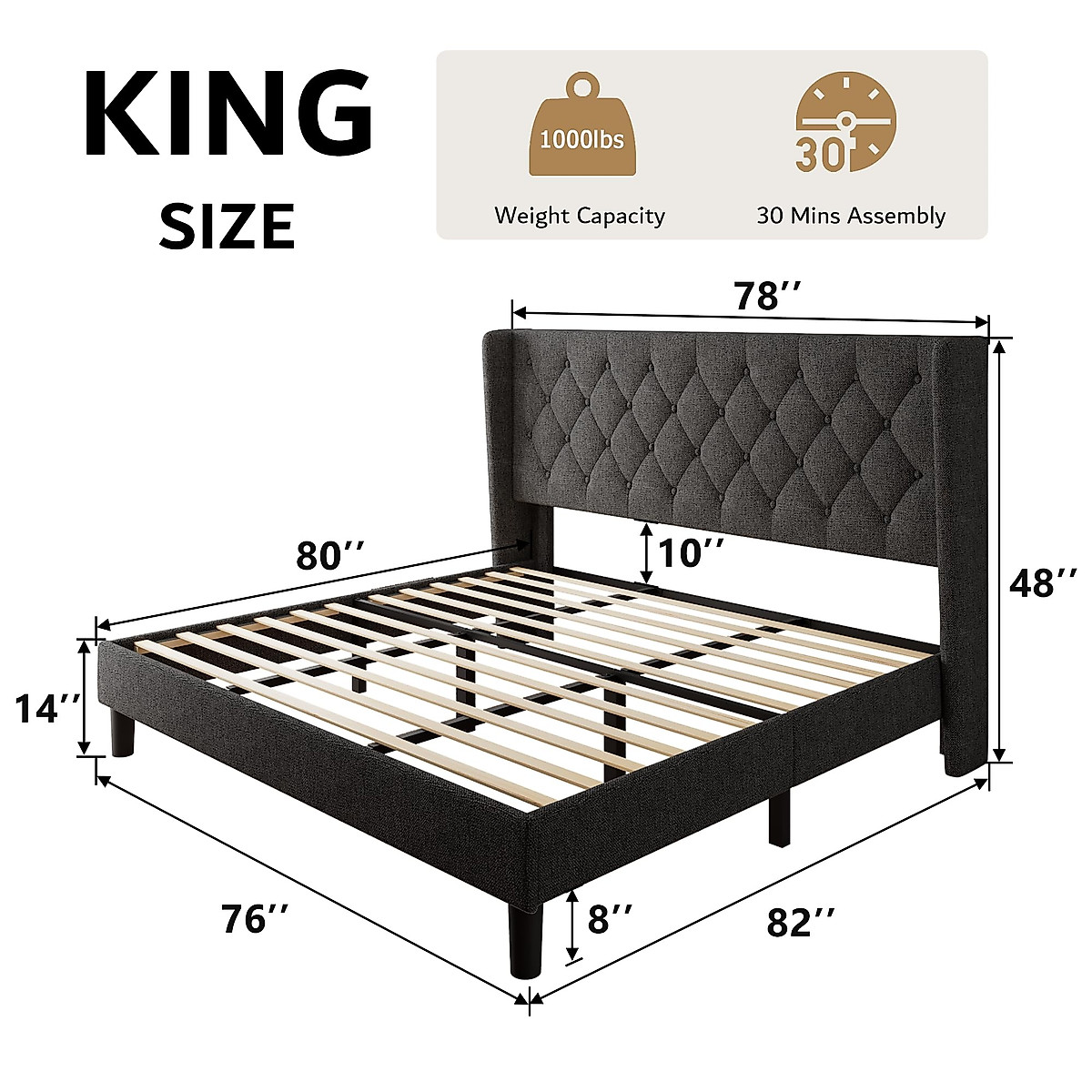 iPormis King Size Platform Bed Frame with Button Tufted Headboard, Upholstered Bed Frame with Solid Wooden Slats, 8" Underbed Space, No Box Spring Needed, Noise Free, Easy Assembly, Dark Gray