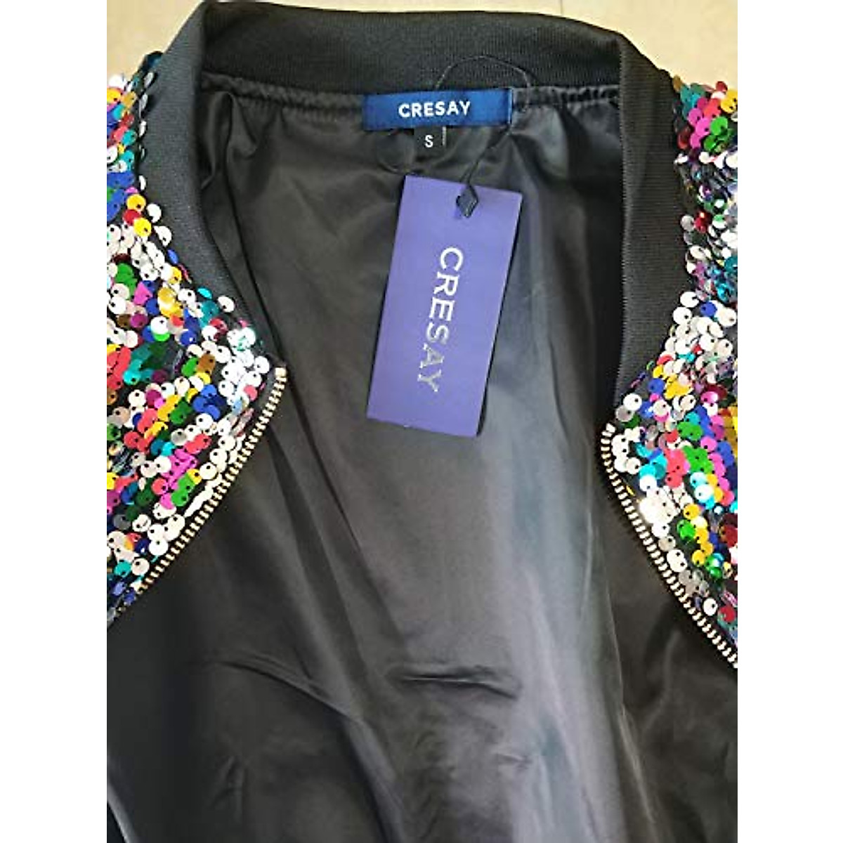 Cresay Women's Sequin Fitted Long Sleeve Zipper Blazer Bomber Jacket Rainbow 3XL
