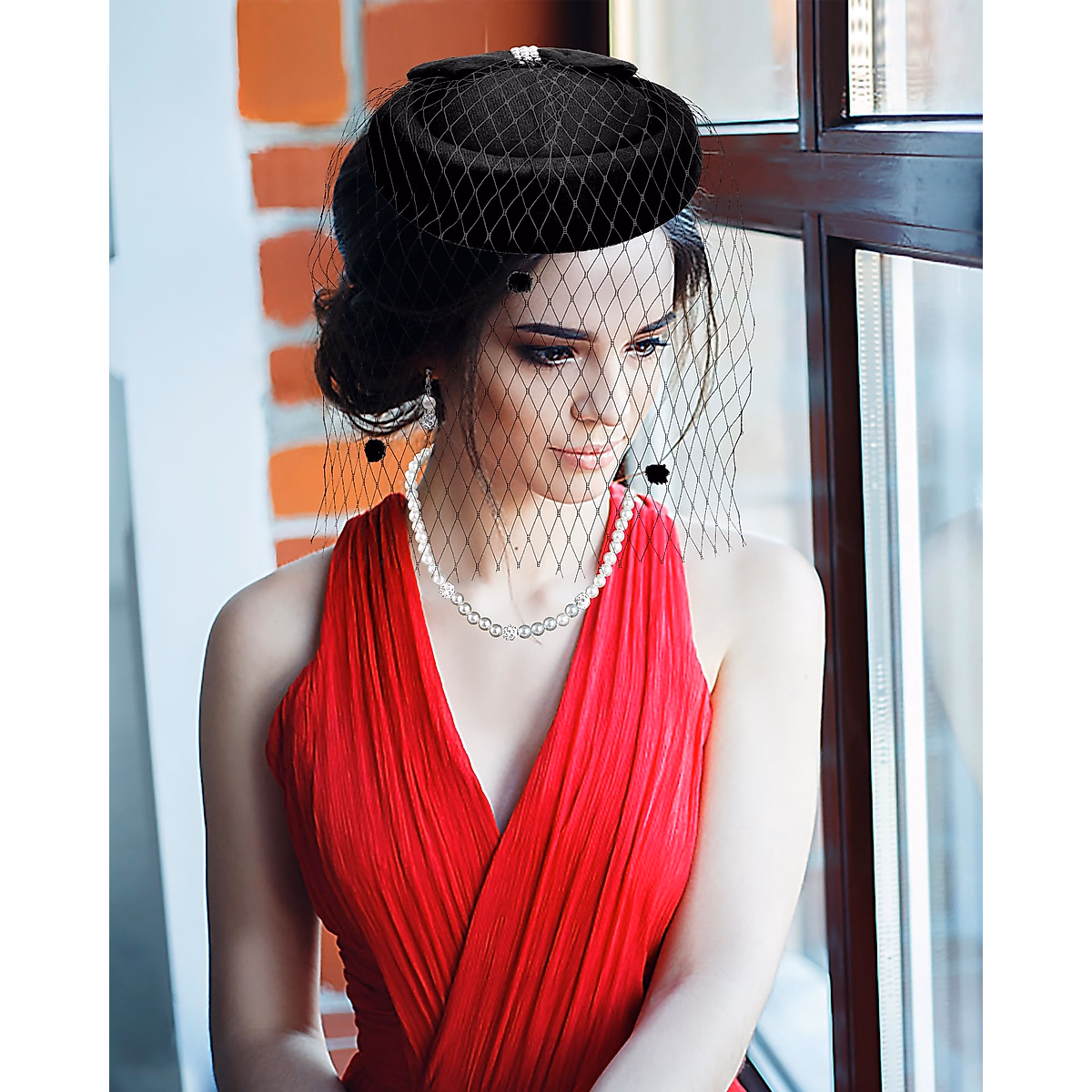 Pillbox Hat with Veil Vintage Fascinators Hats Set 20s 50s Pearl Top Hat for Women Cocktail Tea Party Wedding