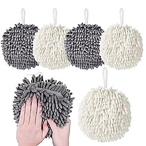 Yigood 6 Pack Chenille Hanging Hand Towel with Hanging Loop Plush Quick-Drying Towel Soft Absorbent Hand Towel for Kitchen Washstand or Powder Room(3Gray +3White)