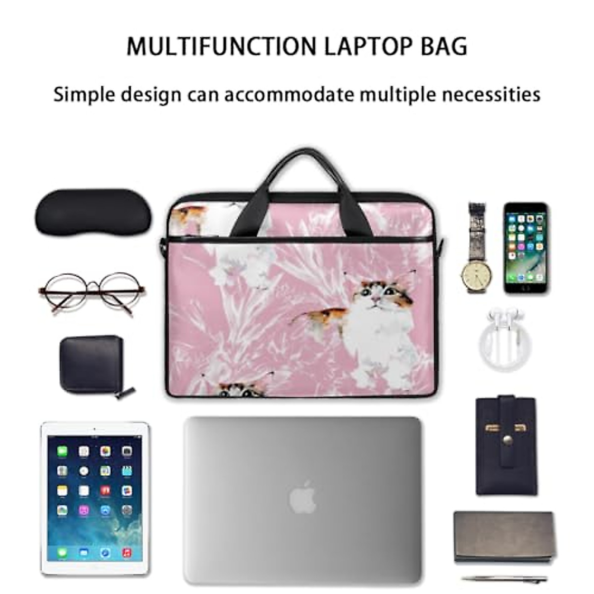 Watercolor Cat Kitten Laptop Computer Bag Waterproof Shoulder Messenger Bag 13-15 inch Durable Laptop Tote Bag with Shoulder Strap Handle Lightweight Crossbody Briefcase