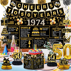 50th Birthday Decorations for Men Women, 22pcs Back in 1974 Banner Decorations，50 Years Old Birthday Backdrop, 1974 Guest Book, Balloons, Honeycomb Centerpiece, Hanging Swirl, Paper Poms, Sash
