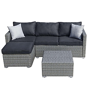 Patio Furniture Sectional Sofa Set – 3 Piece All Weather Resin Wicker Outdoor Conversation Set Black Washable Cushions & Coffee Table | Garden | Backyard | Pool | 2 Clips