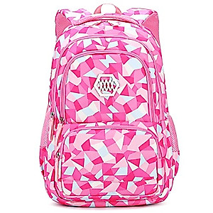 School Backpack Teenagers Students Bookbag Geometric Printed Schoolbag Water Resistant Casual Backpack (Rose Red)