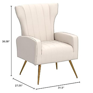 Container Furniture Direct Modern Velvet Accent Chair, Channel Tufted Bedroom, Office or Living Room Furniture with Elegant Metal Legs, 26" Wide Armchair, Beige