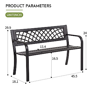 Ruesleag Garden Bench,Metal Outdoor Bench Park Bench with Plastic Mesh Backrest Armrests Sturdy Steel Frame for Patio Yard Porch Entryway Black