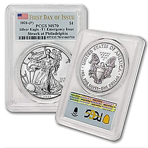 2021 (P) 1 oz American Silver Eagle MS-70 (Struck at Philadelphia - T-1 - Covid Emergency Issue - First Day of Issue - Flag Label) $1 MS70 PCGS