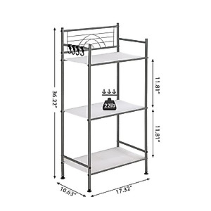 MallBoo 3-Tier Metal Freestanding Storage Shelf,Standing Bathroom Shelves with 3 x PP Shelf Liners and 4 x Hooks for Laundry Kitchen Office (Grey)