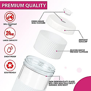 MAKBEN 2 Pack Reusable Boba Cup Bubble Tea Cup, 24 oz Boba Cups and Lids and Straw, Iced Coffee Cups Silicone Sleeves, Leakproof Travel Smoothie Cup for Large Boba Pearl (White)