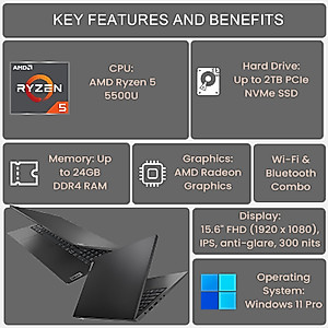 Lenovo V15 Gen 4 Business Laptop, 15.6" FHD Screen, AMD Ryzen 5 5500U, 12GB RAM, 512GB SSD, Webcam, HDMI, Wi-Fi, Windows 11 Pro, Black