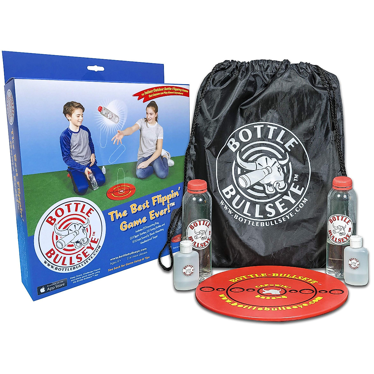 Bottle-Bullseye™ Official Travel Kit - Fun Indoor & Outdoor Game Like Darts. Play Almost Anywhere: Parties, picnics, Camping, Tailgating. Durable Weatherproof Target & Bottles are Made in The USA!!
