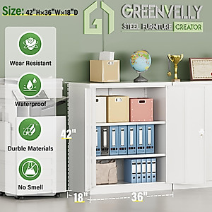 Greenvelly Metal Storage Cabinet, 42” Steel Locking Cabinet with Doors and Shelves,White Utility Cabinet Garage Cabinets, Lockable File Cabinet for Home Office, Garage, Kitchen, Shop